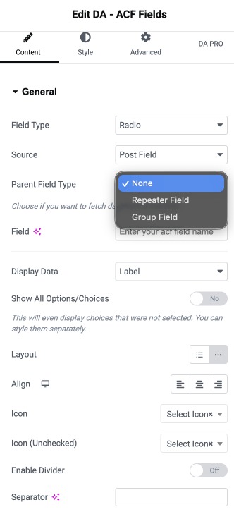 Using ACF Radio Button Field in Dynific Addons for Elementor